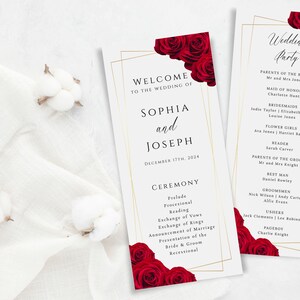 Wedding Program Template, Red Rose Wedding Ceremony Program, Gold Frame ...