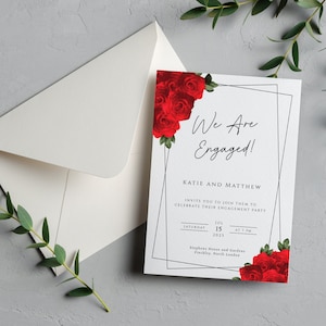 Red Engagement Party Invitation Template With Roses, Red Floral Black ...