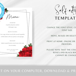 Red Rose Wedding Menu Template, Red and Black Wedding Menu Card, Black ...