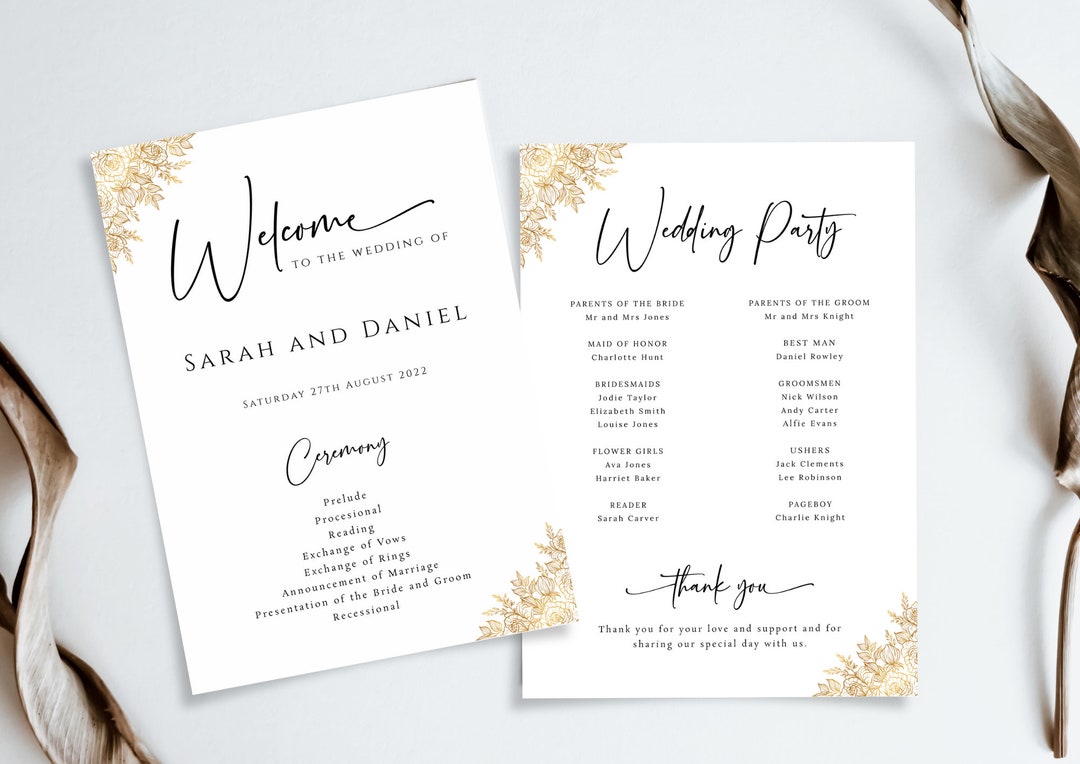 Wedding Program Template, Gold Floral Wedding Order of Service ...