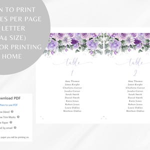 Purple Seating Chart Cards Template, Wedding Table Plan, Lilac Floral ...