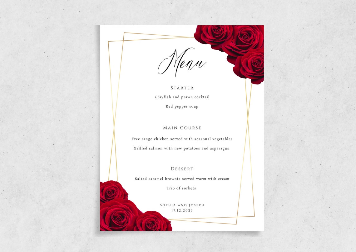 Red Rose Wedding Menu Template, Red and Gold Wedding Menu Card, Gold ...