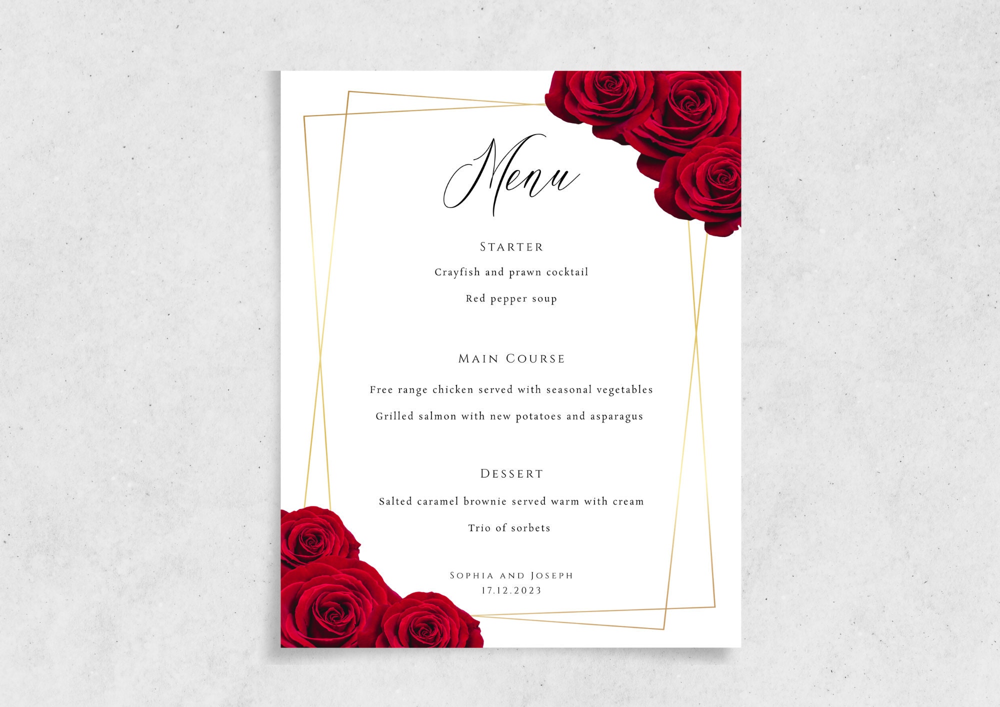 Red Rose Wedding Menu Template, Red and Gold Wedding Menu Card, Gold ...
