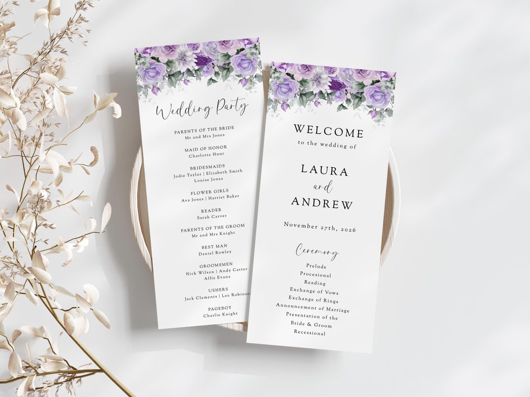 Purple Floral Wedding Program Template Editable, Lilac Flower and ...