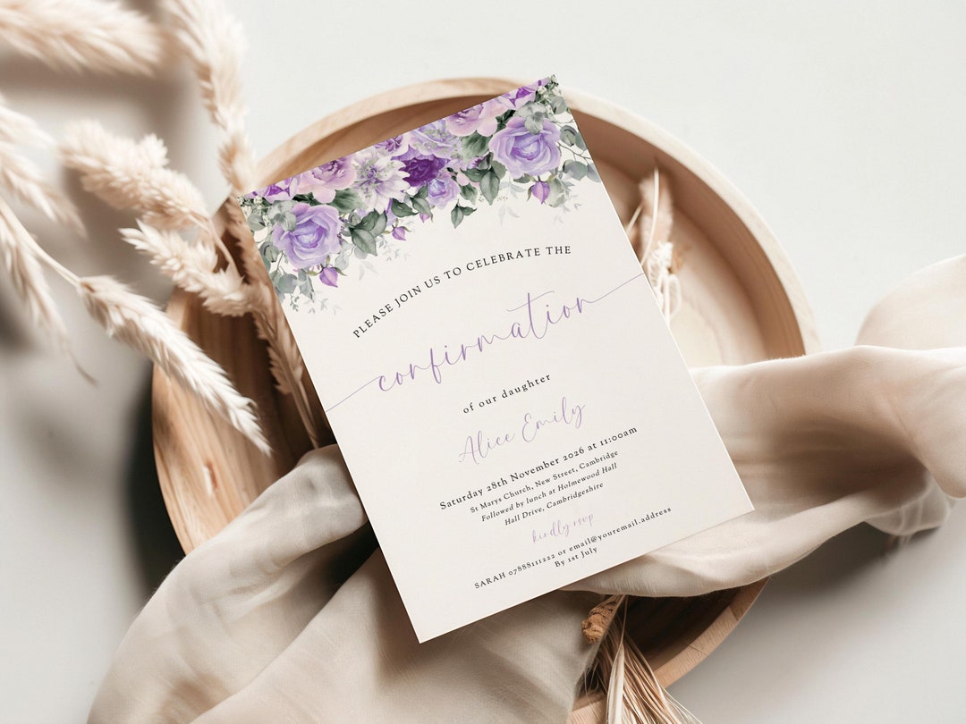 Purple Confirmation Invitation Template, Floral and Greenery Printable ...
