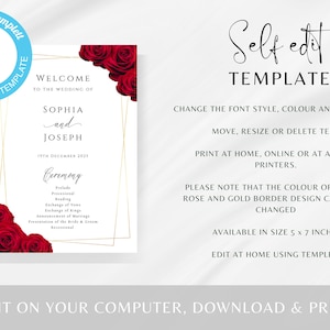 Red Wedding Program Template, Red Rose and Gold Border Printable ...