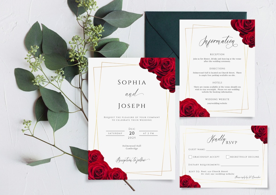 Red Rose Wedding Invitation Template Set, Dark Red Floral Gold Frame ...