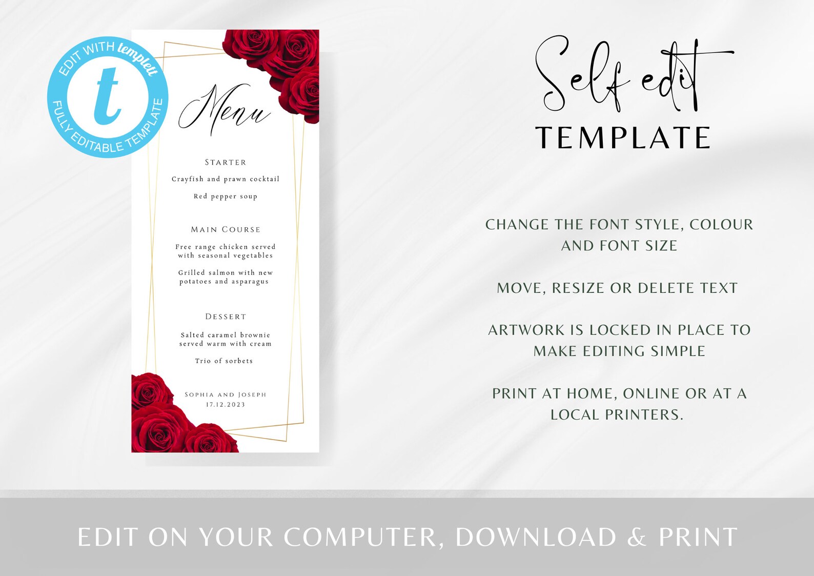 Red and Gold Wedding Menu Template, Red Rose Tall Wedding Menu Sign ...