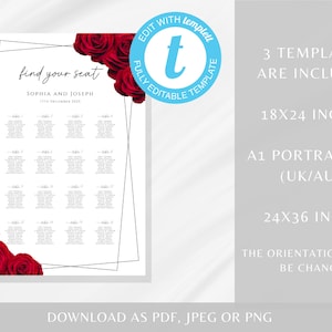 Red Rose Wedding Seating Chart Template, Wedding Table Plan Editable ...