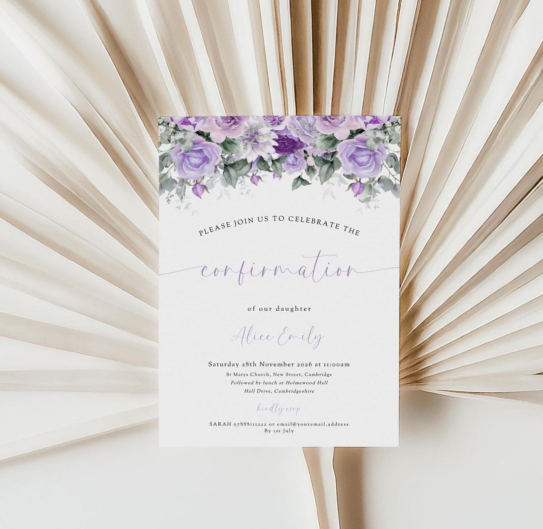 Floral Confirmation Invitation Template: Purple Lilac, 5x7 (DIY ...