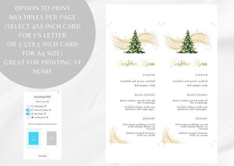 Christmas Tree Menu Printable Template, Gold & Green Festive Holiday ...