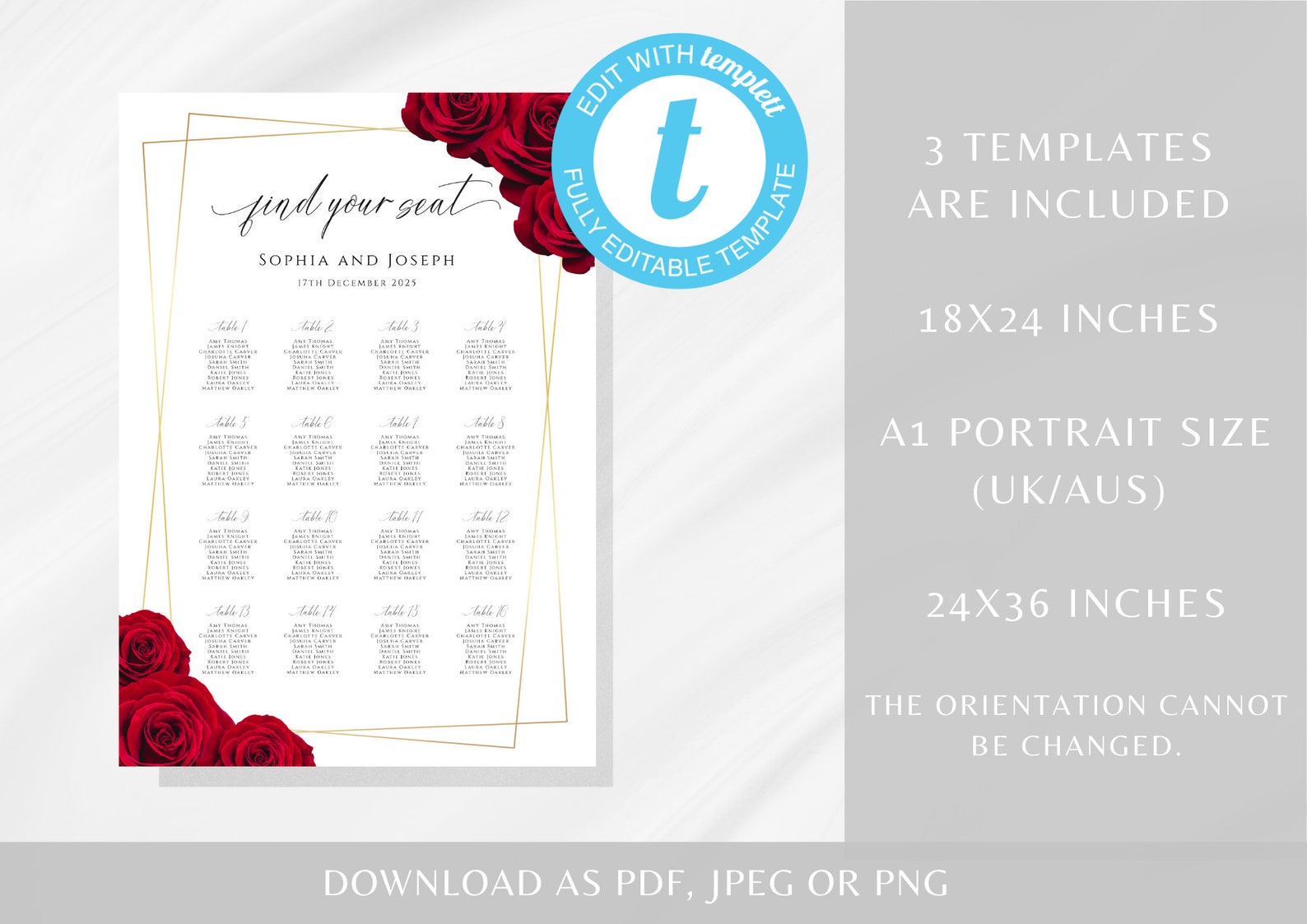 Red and Gold Wedding Seating Chart Template, Editable Table Plan, Large ...