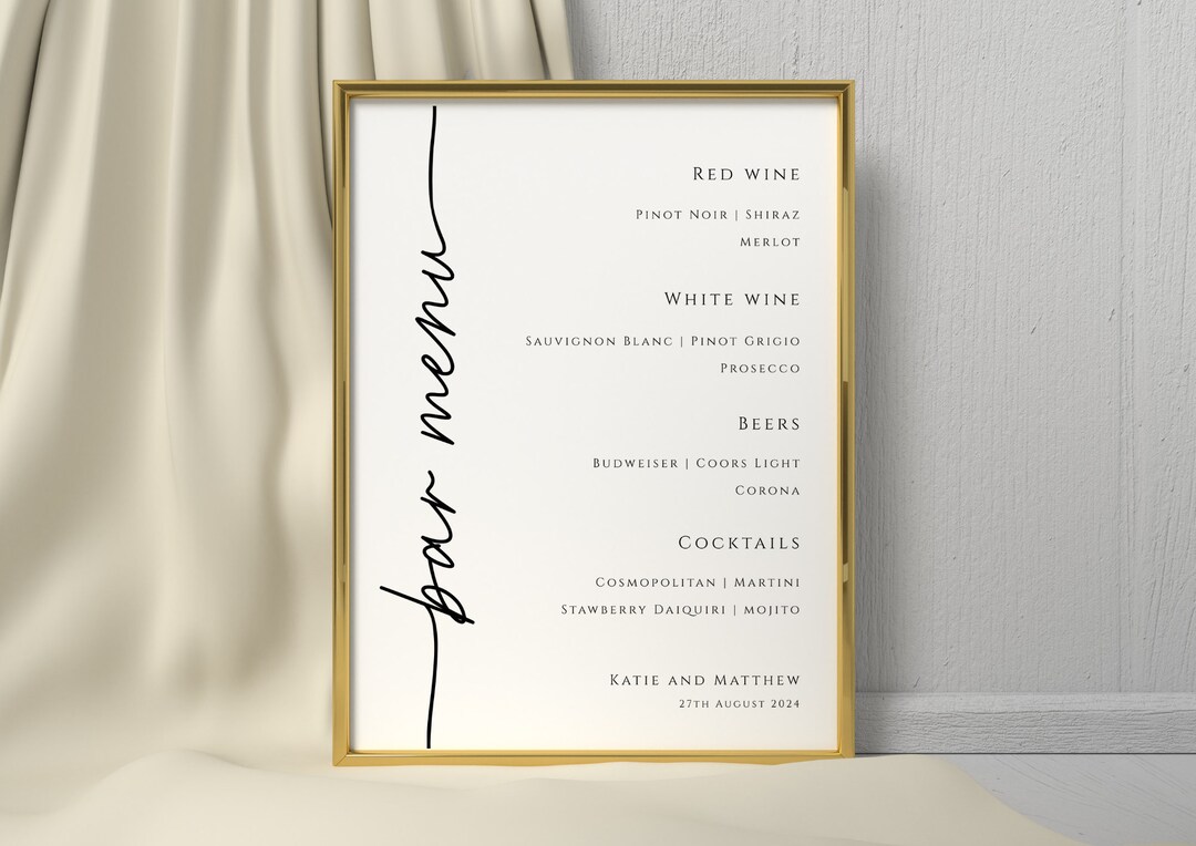 Wedding Bar Menu Template, Simple Drinks Menu Sign, Printable Modern ...