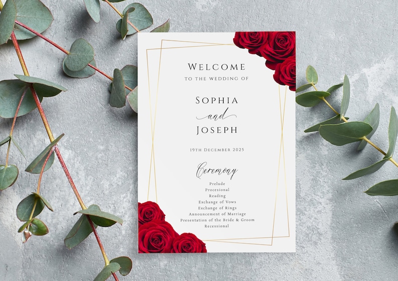Red Wedding Program Template, Red Rose and Gold Border Printable ...