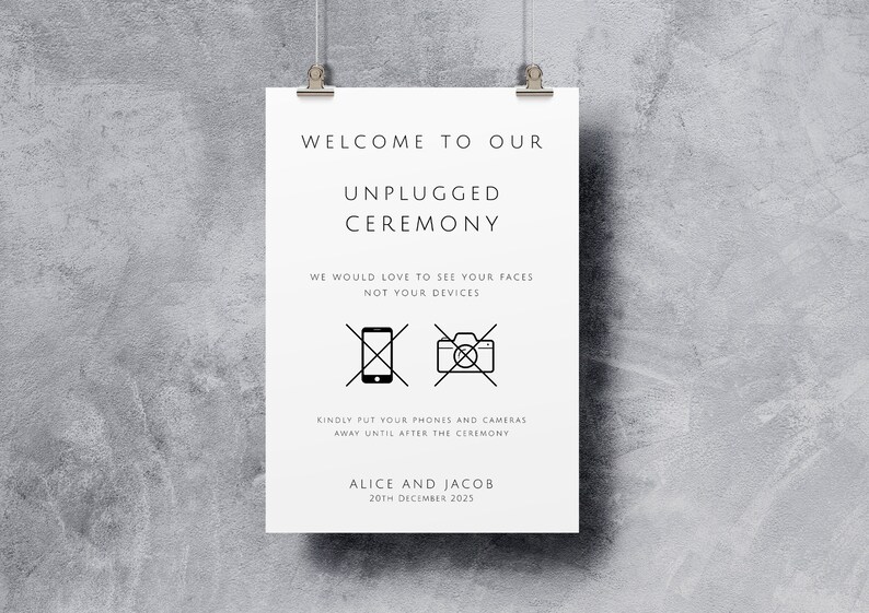 Wedding Welcome to Our Unplugged Ceremony Sign Template, Modern ...