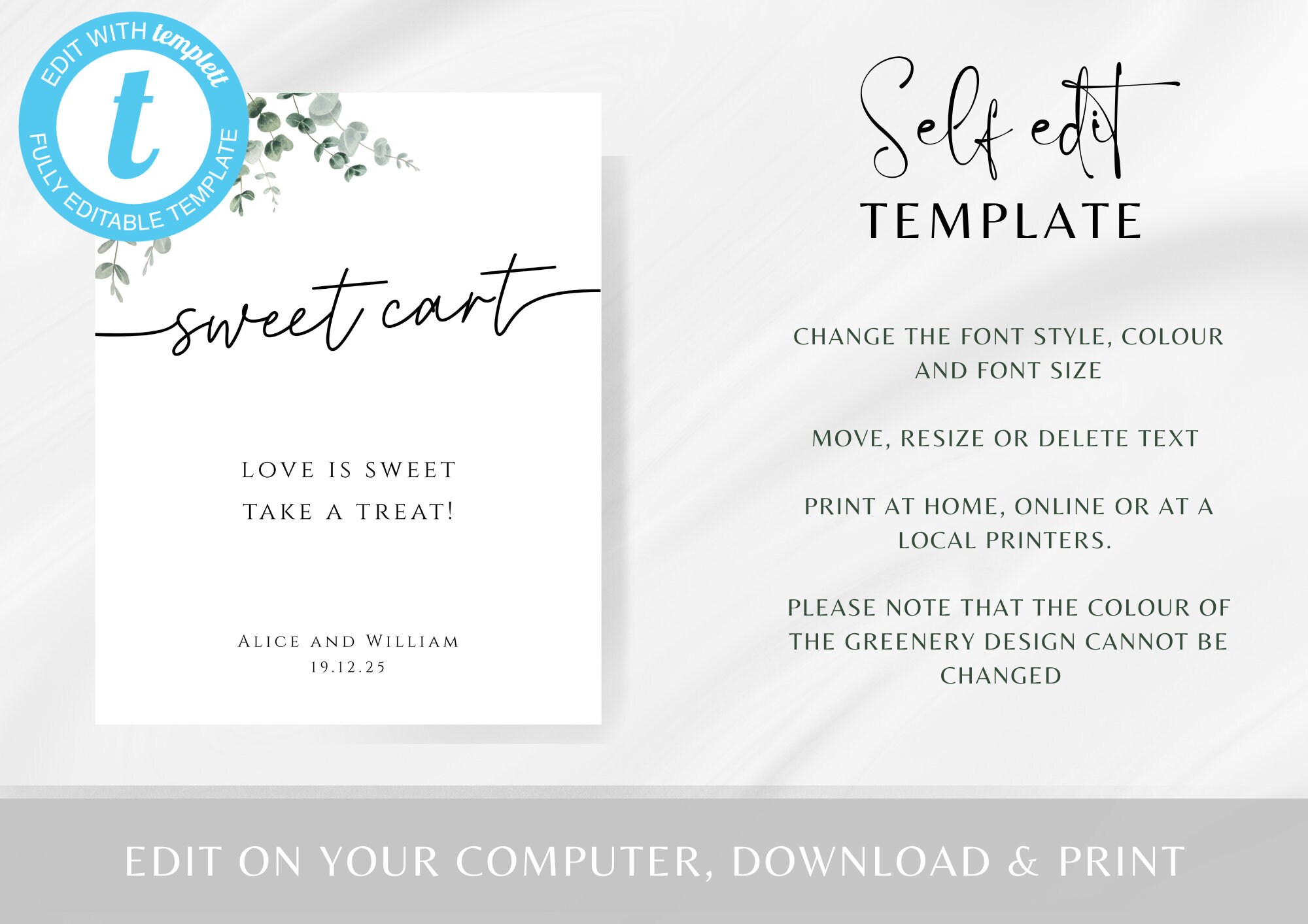 Greenery Sweet Cart Sign Template, Wedding Printable Love is Sweet Take ...