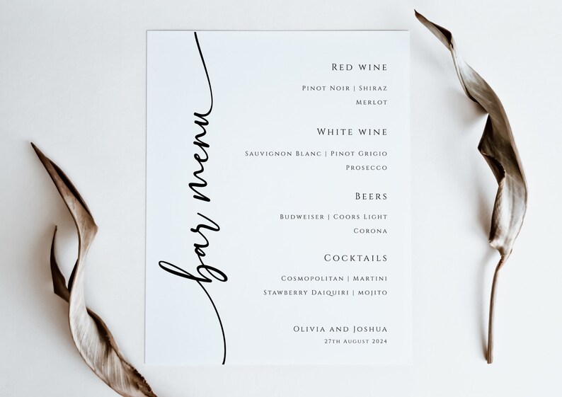 Wedding Bar Menu Template Modern Drinks Menu Sign Printable - Etsy
