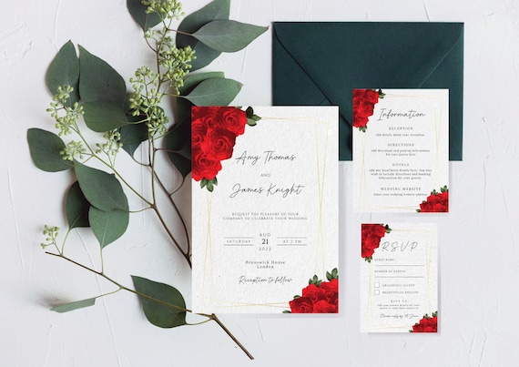 Red Wedding Invitation Template Set Red Rose Floral With Gold - Etsy