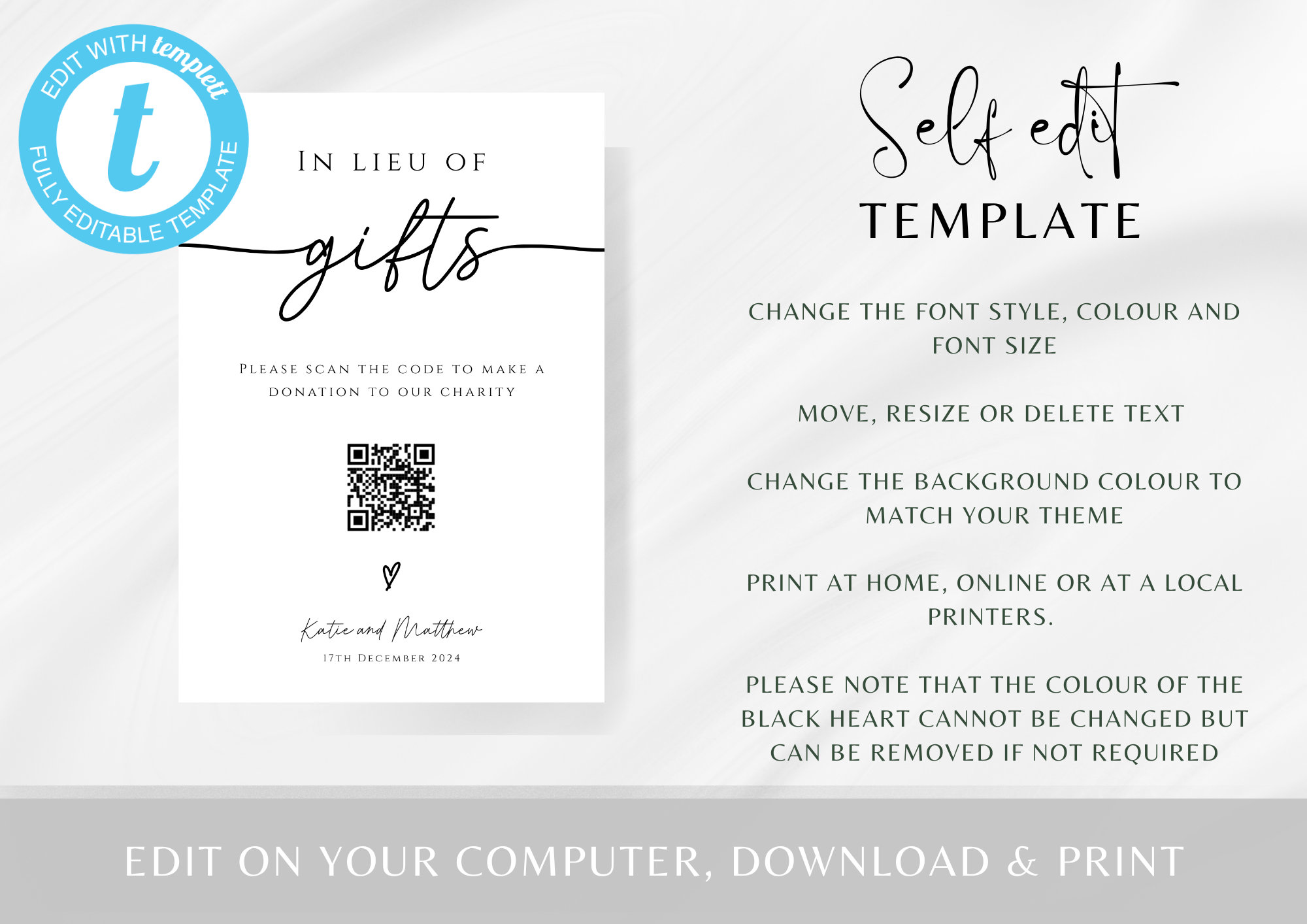 In Lieu of Gifts QR Code Sign Template, Wedding in Lieu of Gifts Card ...