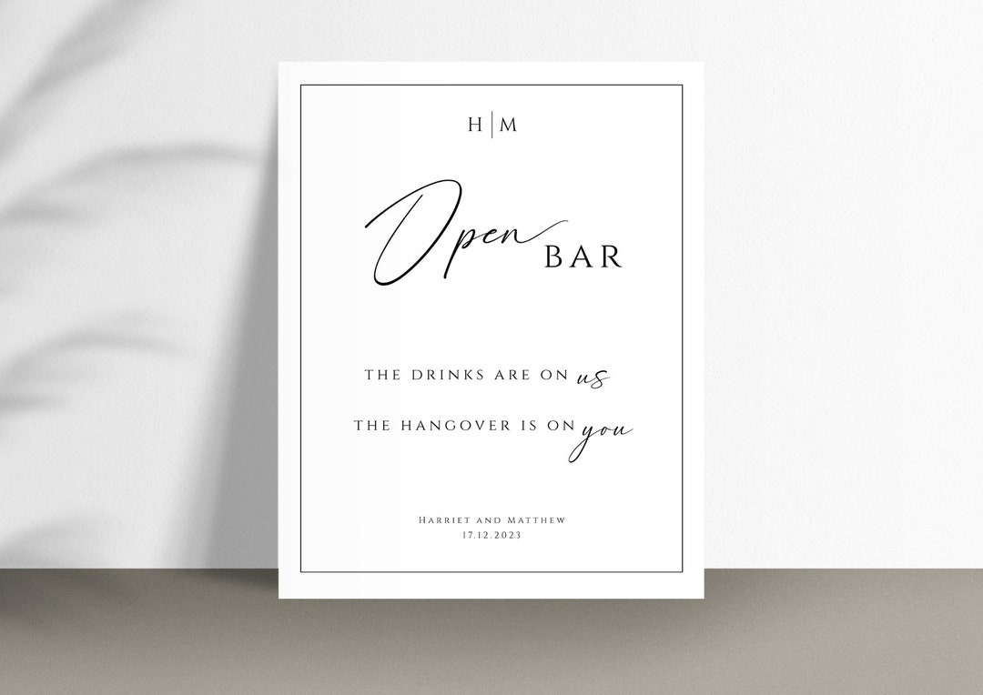 Open Bar Sign Template, Monogram Wedding Open Bar Printable Sign ...