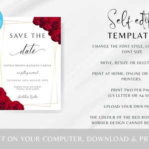 Red and Gold Save the Date Invitation Template, Printable Red Rose ...