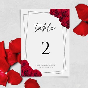 Red Rose Table Number Template, Wedding Table Number Printable Signs ...