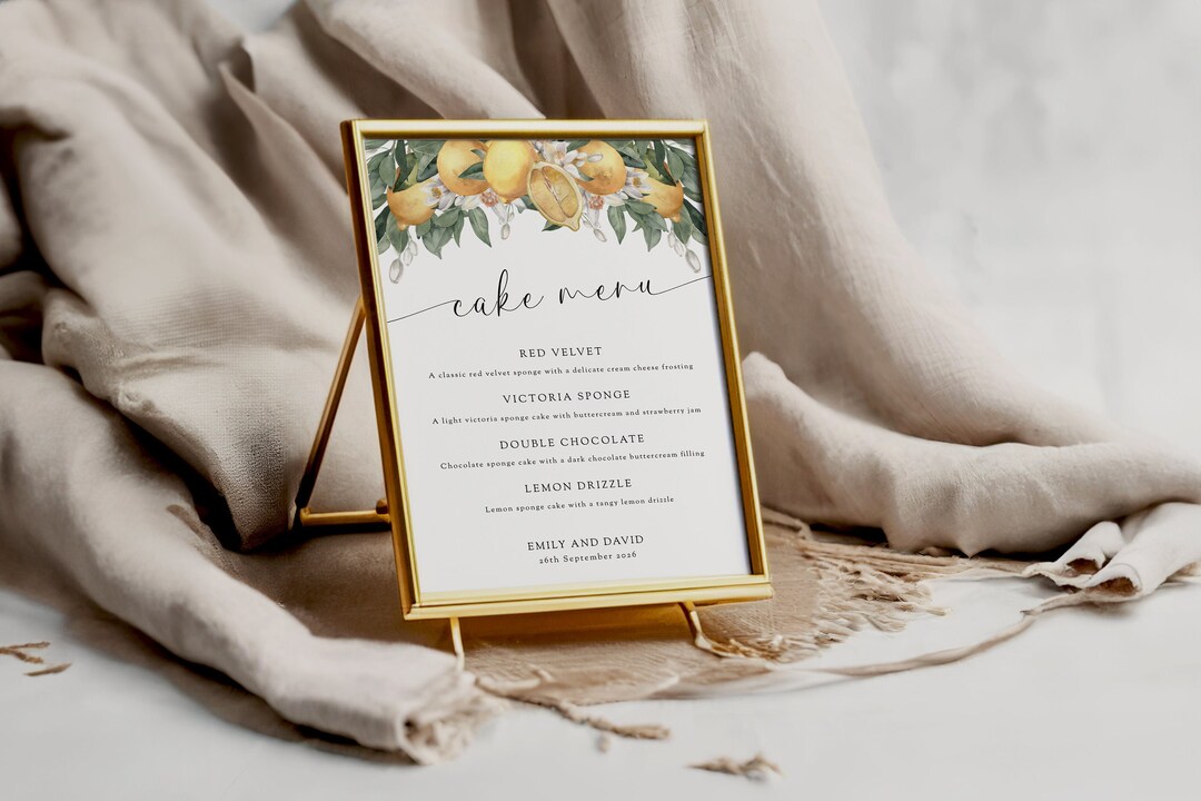 Lemon Cake Menu Sign Template, Printable Wedding Cake Sign, Lemon ...