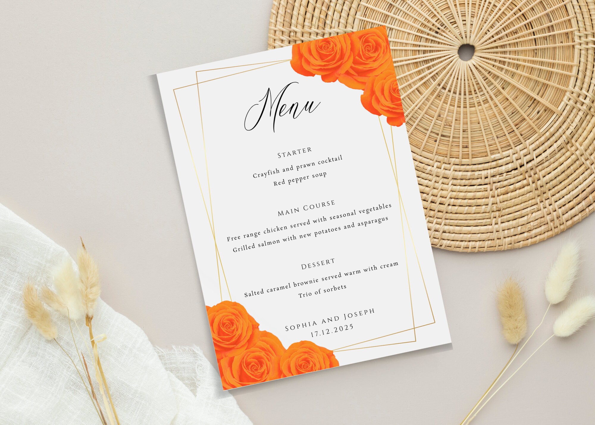 Orange and Gold Menu Template, Orange Rose Tall Wedding Menu Sign, 5x7 ...