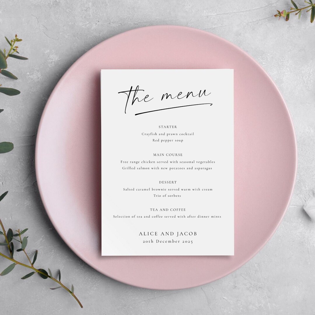 Modern Script Wedding Menu Template: Black and White Printable (4x6 ...