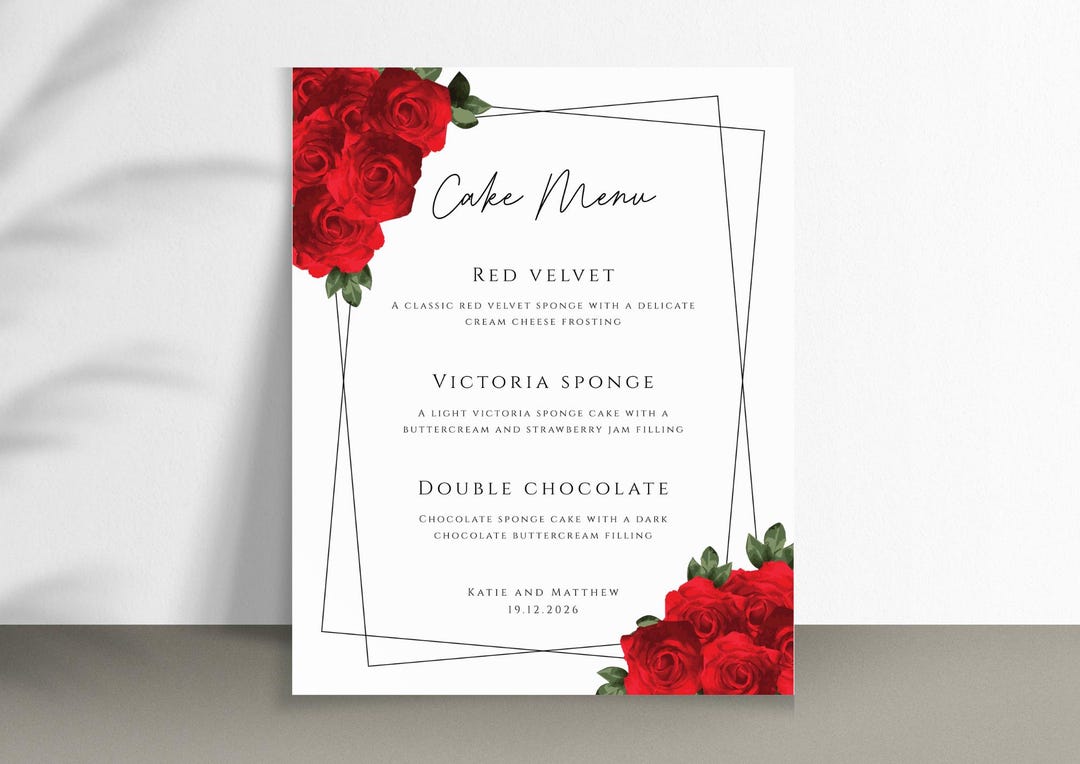 Red Rose Cake Menu Sign Template, Wedding Cake Flavours Sign Printable ...