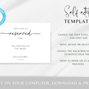 Wedding Reserved Card Template Printable, Minimalist Reserved Seat for ...