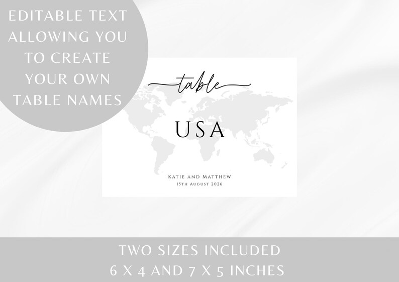 Editable Country Wedding Table Name Template, World Map Table Number ...