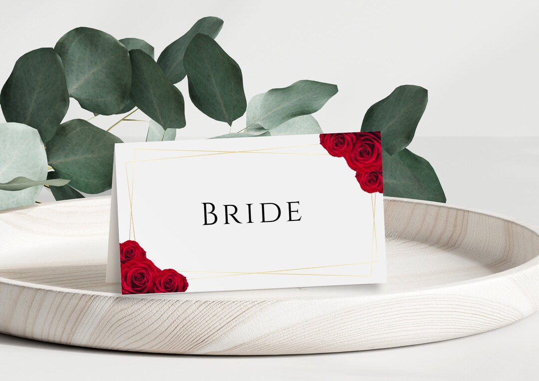 Red and Gold Wedding Place Card Template, Red Rose and Gold Border Name ...