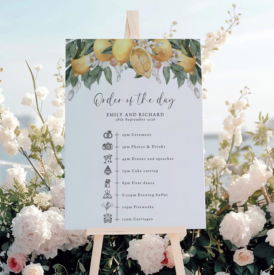 Lemon Wedding Timeline Sign Template & Icons, Printable Order of Events ...