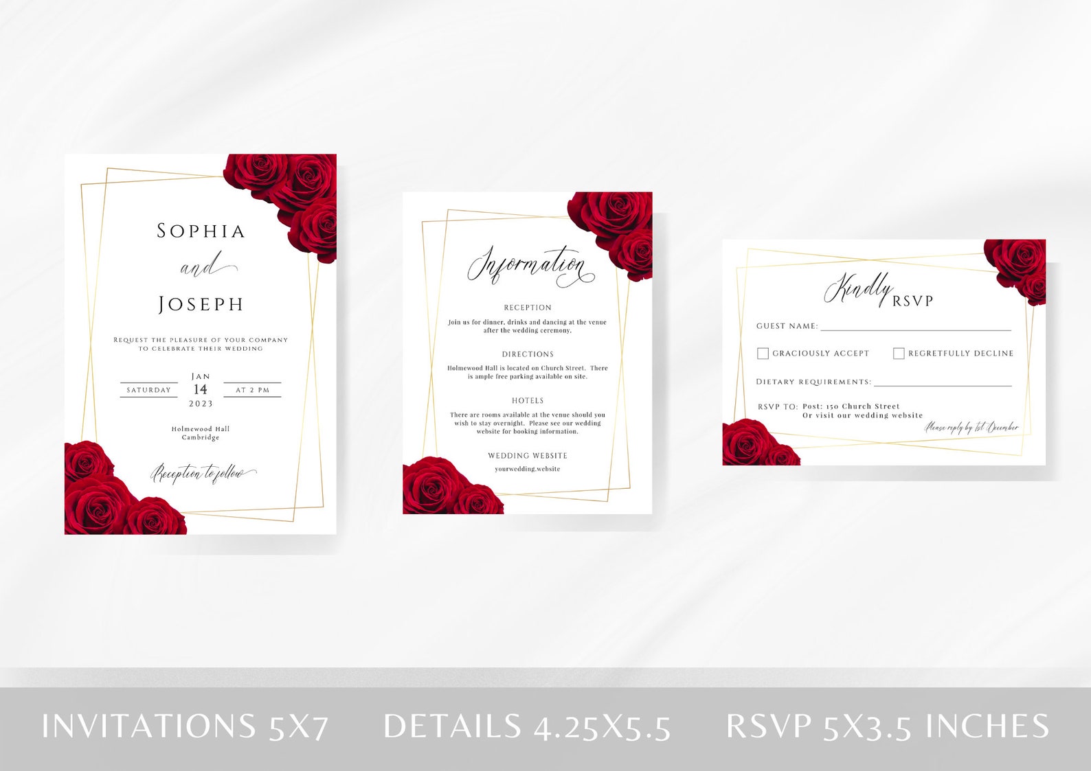Red Rose Wedding Invitation Template Set Dark Red Floral Gold - Etsy