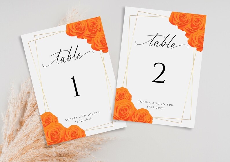 Wedding Table Number Template, Orange and Gold Table Number Signs, Diy ...