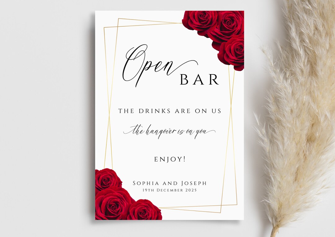 Wedding Open Bar Sign Template, Red and Gold Open Bar Printable Diy ...