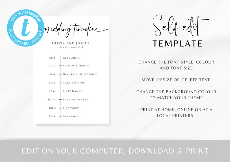 Modern Wedding Timeline Sign Template: Printable Large Order of Day ...