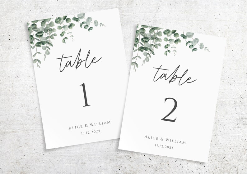 Wedding Table Number Template, Eucalyptus Table Number Signs, Diy ...