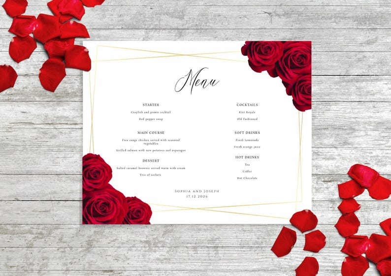 Red Rose Wedding Menu Template Printable, Editable Wedding Menu Card ...