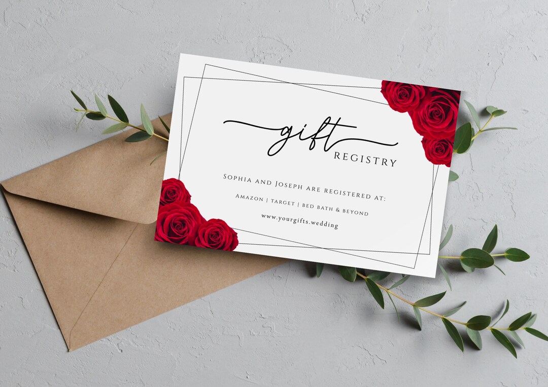 Red Gift Registry Card Template, Red Rose Black Border, Printable Diy ...