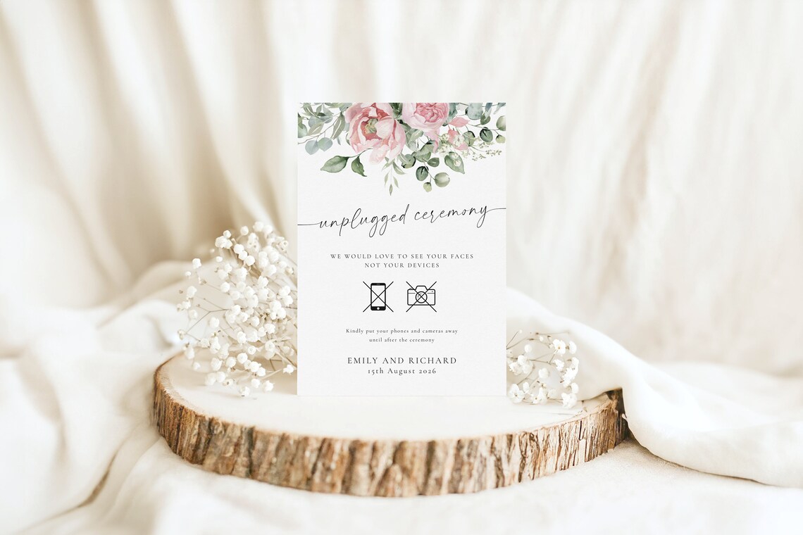 Pink Unplugged Ceremony Sign Template, Printable Wedding Ceremony No ...