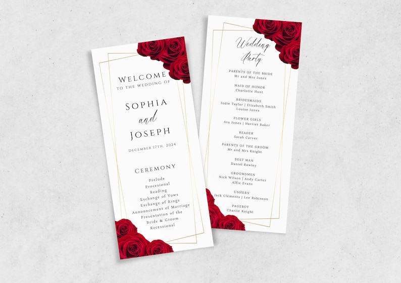 Wedding Program Template, Red Rose Wedding Ceremony Program, Gold Frame ...
