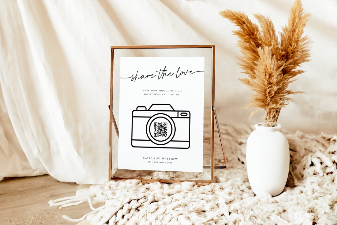 Share the Love QR Code Sign Template With Camera Icon, Wedding Photo Sign Printable, Simple ...