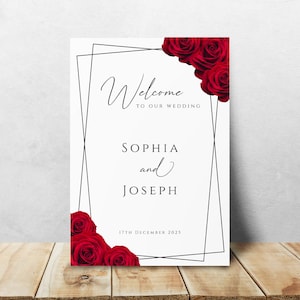 Red Wedding Welcome Sign Template, Red Rose and Black Border Welcome ...