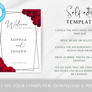 Red Wedding Welcome Sign Template, Red Rose and Black Border Welcome ...