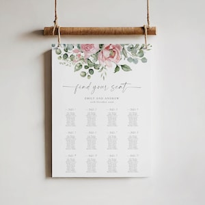 Pink Wedding Table Plan Template, Editable Seating Chart, Peony Floral ...