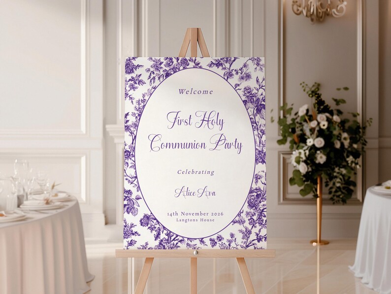 Purple Toile First Holy Communion Party Welcome Sign Template ...