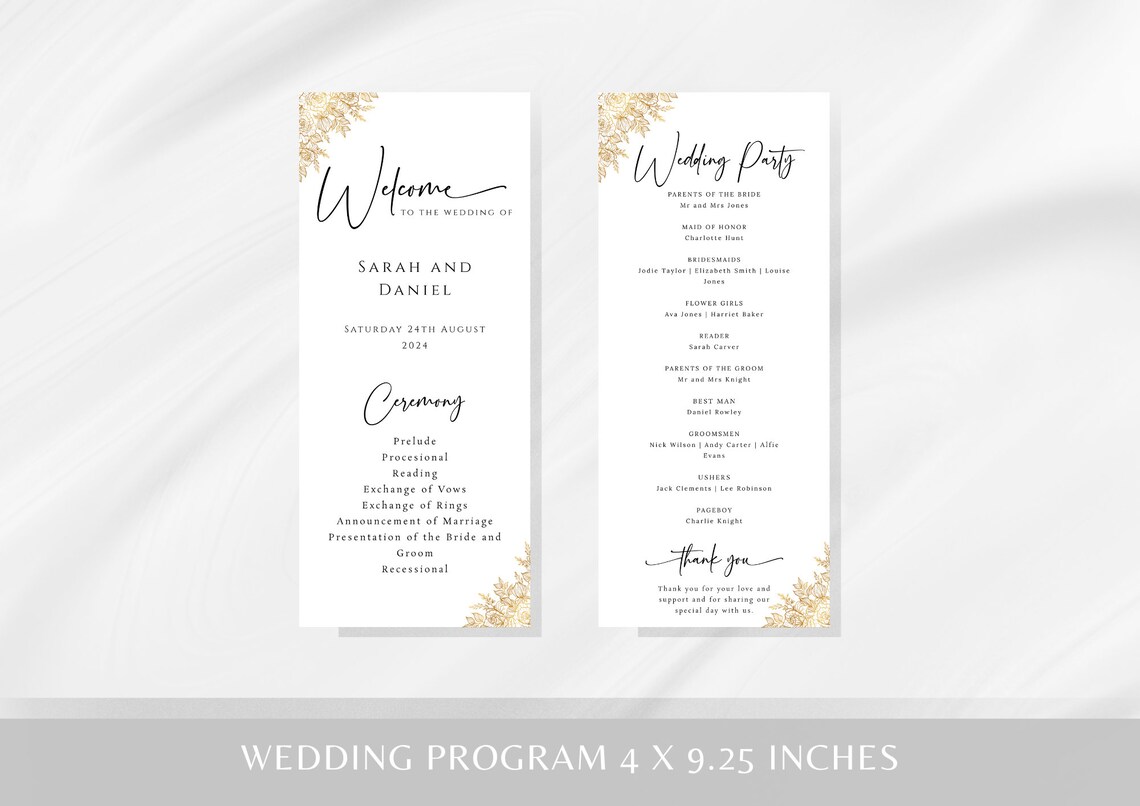 Tall Gold Wedding Program Template, Floral Wedding Order of Service, Printable Diy Ceremony Card ...
