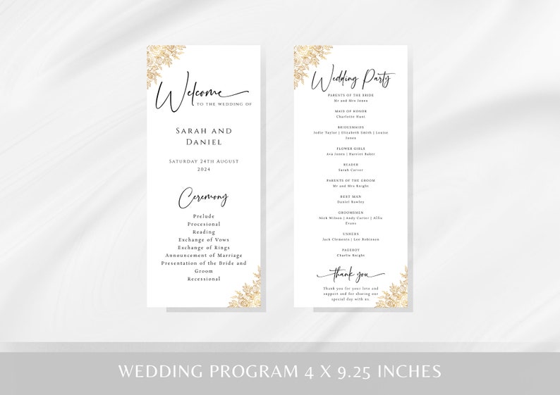 Tall Gold Wedding Program Template, Floral Wedding Order of Service, Printable Diy Ceremony Card ...